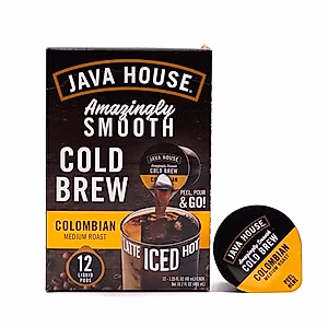 JAVA HOUSE Medium Roast Colombian Cold Brew Pods, (12 Count) Peel and Pour Pods Hot or Iced Instant Coffee Concentrate