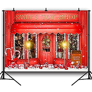 DePhoto Red Christmas Photo Backdrop Santa's Toy Shop Candy Cane in Snow World Xmas Family Holiday Party Banner Photography Background Supplies Decor Studio Prop PGT673F 15X10ft