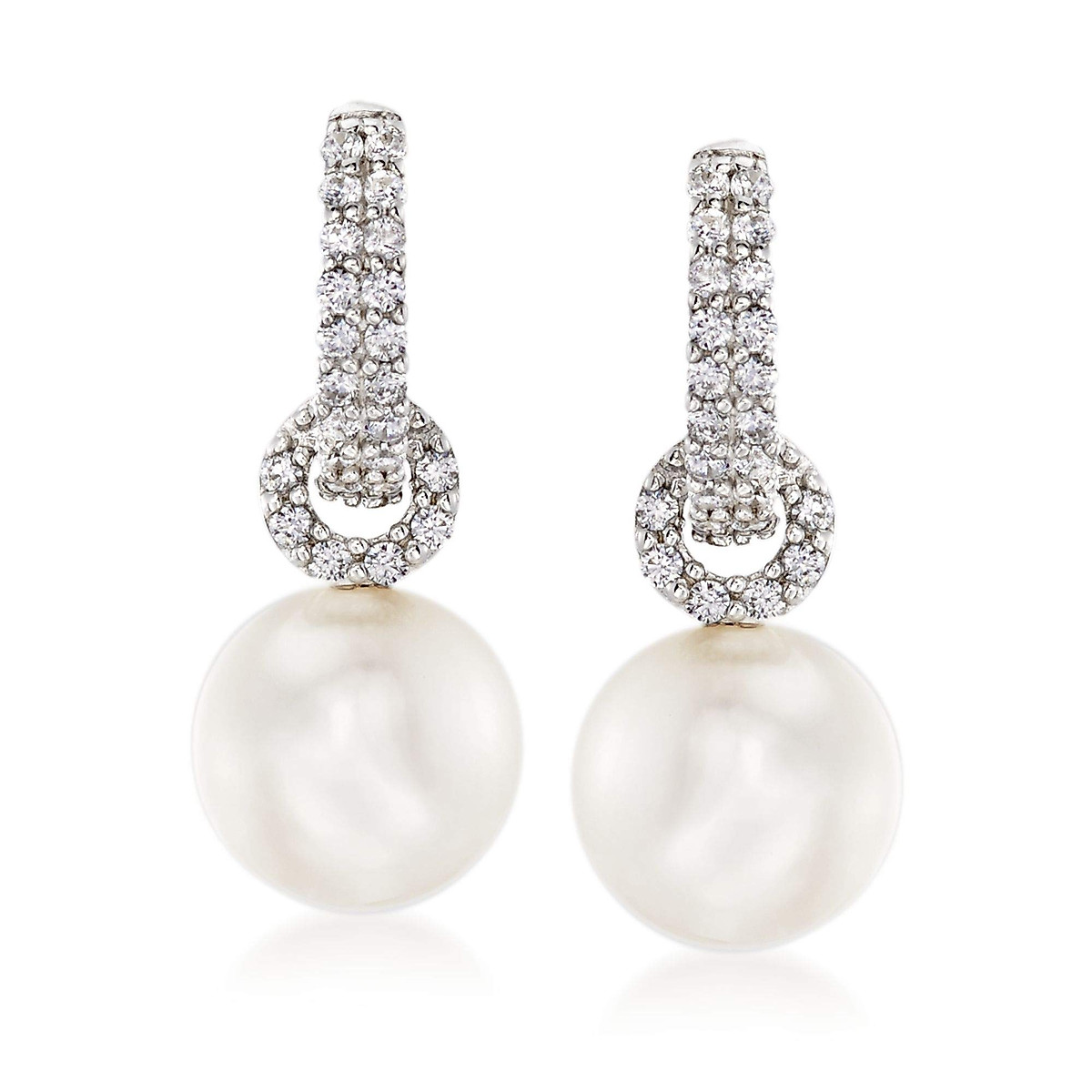 Ross-Simons Cultured Pearl and 50 ct. t.w. CZ Hoop Drop Earrings in Sterling Silver