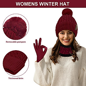3Pcs Winter Beanie Hat Scarf Gloves Set for Women Thick Warm Knit Fleece Lined Skull Cap Neck Warmer Touch Screen Gloves Gifts, A-Black