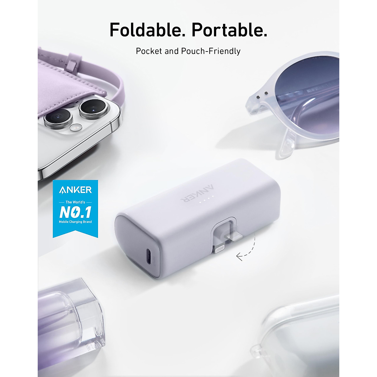 Anker Nano Power Bank with Built-in Lightning Connector, Portable Charger 5,000mAh MFi Certified 12W, Compatible with iPhone 14/14 Pro / 14 Plus / 14 Pro Max, iPhone 13 and 12 Series (Purple)