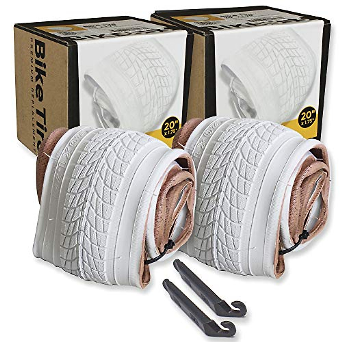 20 Inch Bike Tire Packages for Kids and BMX Tires. Fits 20x1.75 Bike Tube , Tire, Rims, Front or Rear Wheels. Includes Tire Tools. With or Without Tubes. 1 Pack or 2 Pack. WHITE (2 Tires - No Tubes)