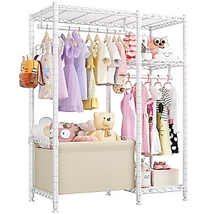 Raybee Small Clothes Rail for Bedroom, Clothes Rack with Storage Basket, Petite Portable Hanging Rails for Clothes with Shelves, 55.1" H * 37.8" W * 13.4" D, White