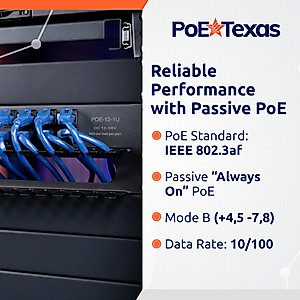 PoE Texas 12 Port PoE Injector with 48v60w Power Supply - 10/100 Data - Rack Mount - Add Passive Mode B 802.3af PoE to a Non PoE Switch for VoIP, WiFi AP, IP Camera, Security & Surveillance Systems