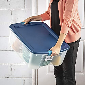 Sterilite 12 Gal Latch and Carry, Stackable Storage Bin with Latching Lid, Plastic Container to Organize Closets, Clear with Blue Lid, 6-Pack