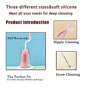 Silicone Bottle Cleaning Brush Set, 360° Rotating Silicone Bottle Cleaning Brush Cleaner Set for Baby Bottles, Sports Bottle, Vase, Glassware, and Smaller Diameter Bottle Openings (Pink)