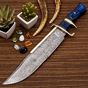 NoonKnives: 15" Hand Made Damascus Steel Collectible TEXAS Bowie Knife Handle pakka wood with brass clip (blue) (blue taxas)
