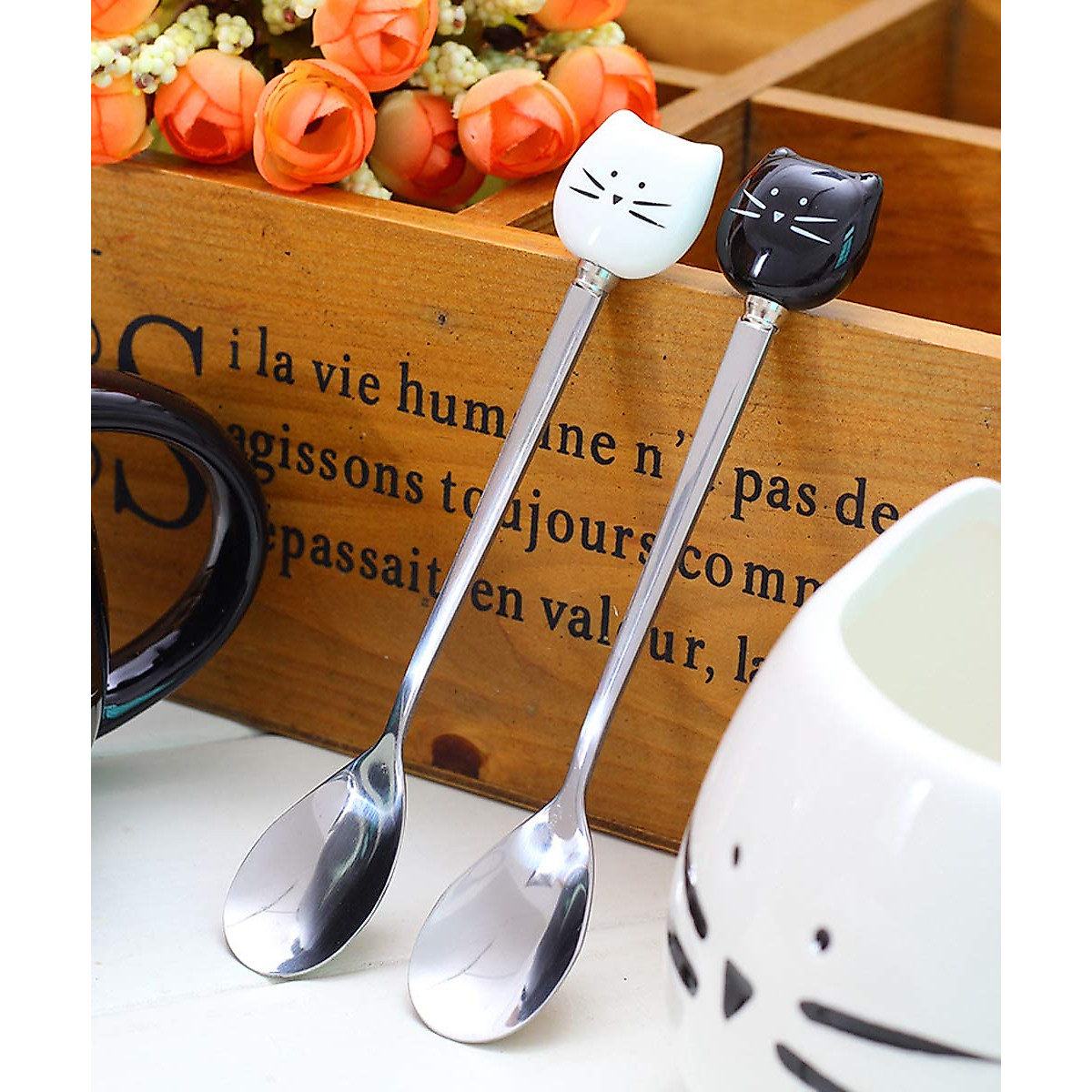 Honbay 2PCS Cute Cat Spoon Stainless Steel Tea Spoon Coffee Spoon Sugar Spoon for Cat Mug, Black and White