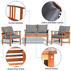 Tangkula 4 PCS Acacia Wood Patio Furniture Set, Outdoor Seating Chat Set with Gray Cushions & Back Pillow, Outdoor Conversation Set with Coffee Table, Ideal for Garden, Backyard, Poolside