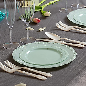 Posh Setting Disposable Plastic Plates Set, Vintage Party Plates, Light Green/Sage 60 Pack (30 Guest) 30 x 10.25 Dinner & 30 x 7.25 Salad/Dessert Plate