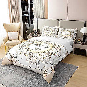 jejeloiu Sun Moon Duvet Cover 100% Cotton,Boho Exotic Bedding Set,Bohemian Galaxy Astrology Space Cosmic Celestial Comforter Cover Set,Full Size