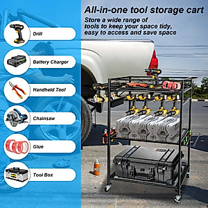 AQNIEGEP Power Tool Organizer Cart with 3 Charging Station, Garage Rolling Tool Storage Cart, Mobile Tool Cart with Wheels, Garage Workshop Gift Ideas for Dad Men Black