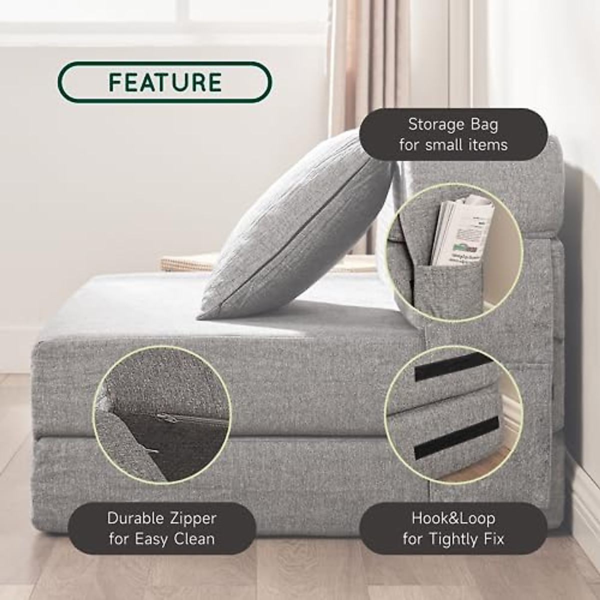 Z-hom Folding Sofa Bed, 6 inch Foldable Mattress Convertible Sleeper Chair Floor Mattress Couch, Convertible Sofa Bed with Pillow & Washable Cover for Room/Office/Dorm 76" x 39" x 6" (Light Grey)