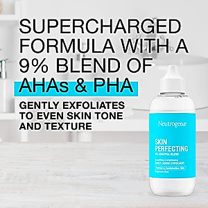 Neutrogena Skin Perfecting Daily Liquid Facial Exfoliant with 9% AHA/PHA Blend for Normal & Combination Skin, Smoothing & Brightening Leave-On Exfoliator, Oil- & Fragrance-Free, 4 fl. oz