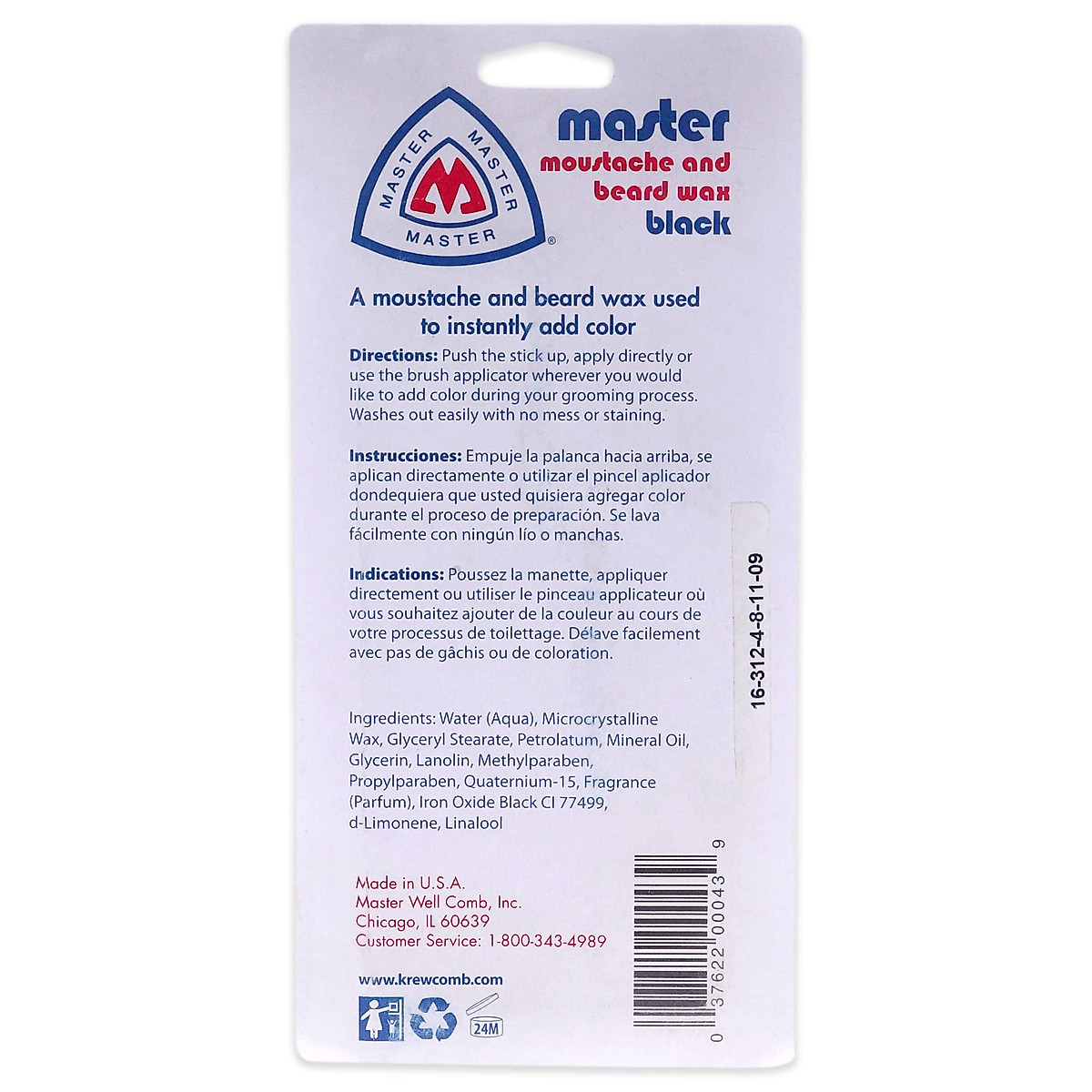 Master Well Comb Moustache and Beard Grooming Wax Kit - Black Men 1oz Wax, Push Up Stick 2 Pc