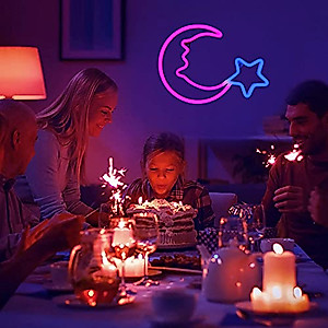 Night Lights for Kids|Neon Signs Pink Moon Blue Star LED Neon Lights for Baby Nursery Room,Wall Art Décor|USB Powered Children Lighting for Bedroom,Party,Christmas Birthday Gifts(YLX-FLA)
