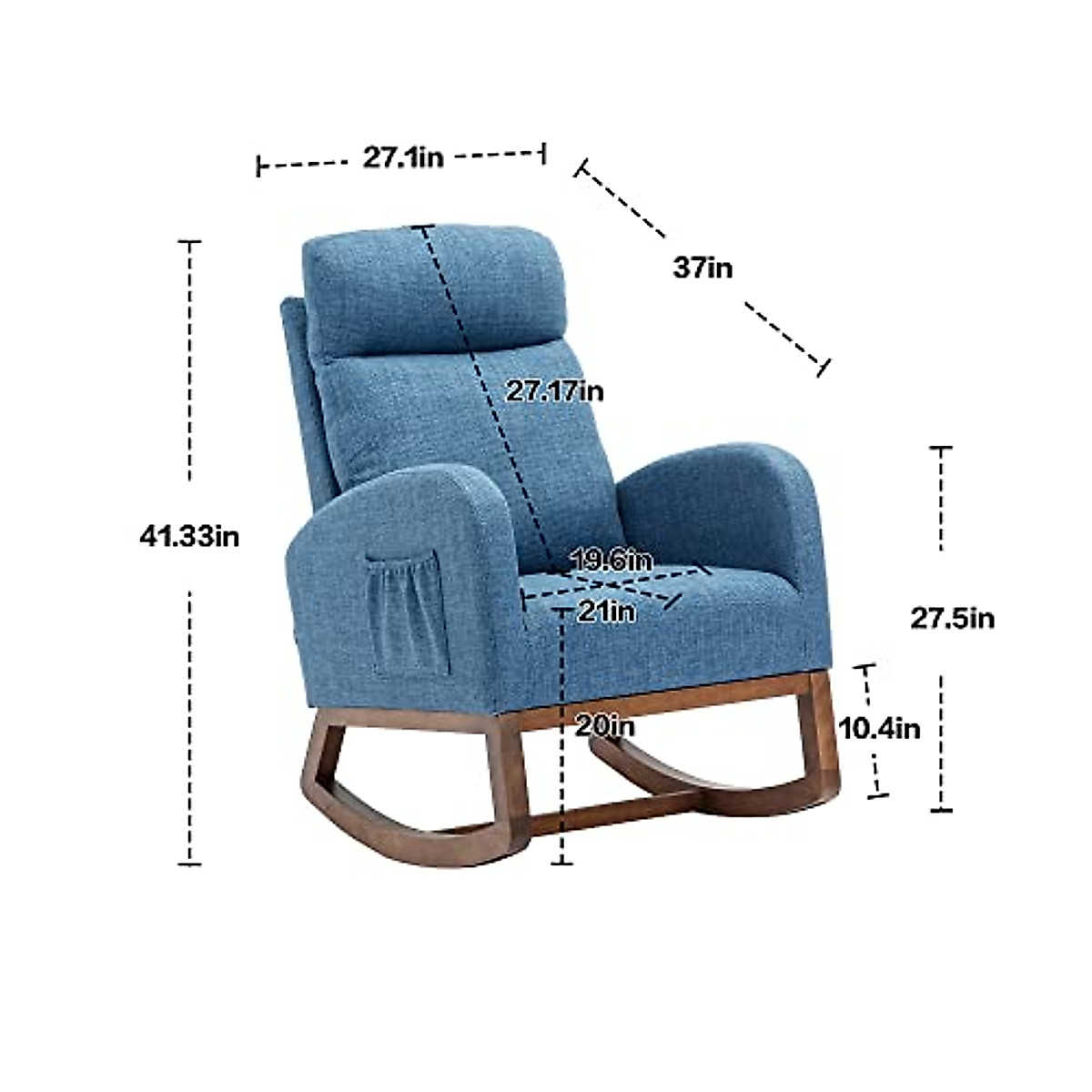 EEBUIHUI Modern Rocking Chair, Upholstered Linen Armchair with Solid Wood Legs Rocker Chair with Thick Padded Seat, Vintage Style Accent Furniture for Living Room, Bedroom, Nursery (Blue)