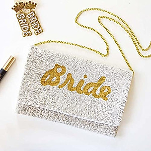 BRIDE Clutch for Wedding Day, Beaded Bride Purse for Bachelorette Party, White Bride Bag With Gold Cursive Design, Bridal Shower & Engagement Gifts for Bride To Be