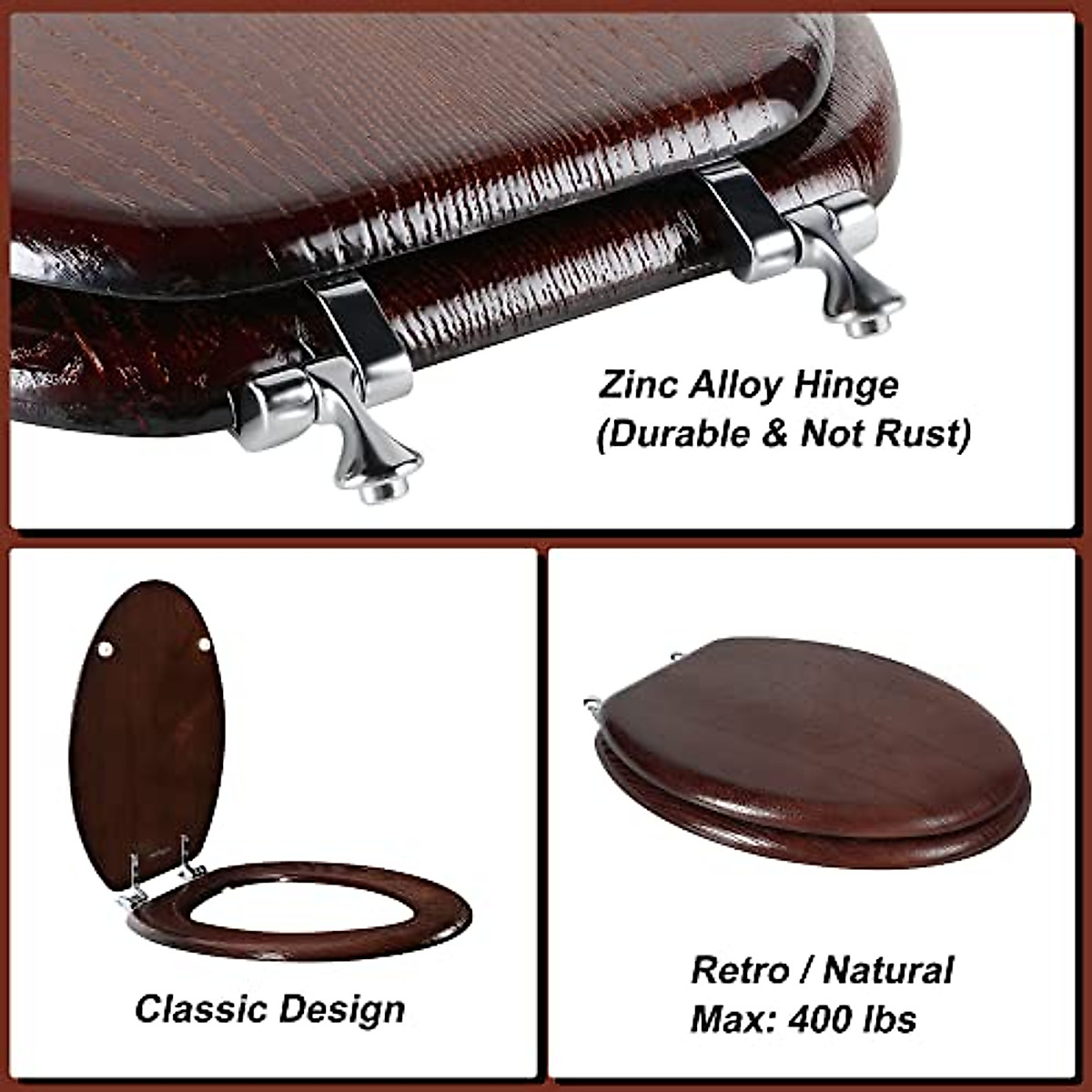 Angel Shield Durable Wood Veneer Natural Toilet Seat Metal Hinged Easy Clean Anti-scratch American Standard(Elongated,Dark Walnut)