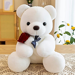 9.8'' Teddy Bear with Rose, Soft Plush Bear Doll Stuffed Animal Toys Valentines Day Decor Gifts for Her/Girlfriend Lover Mom Kids (White)