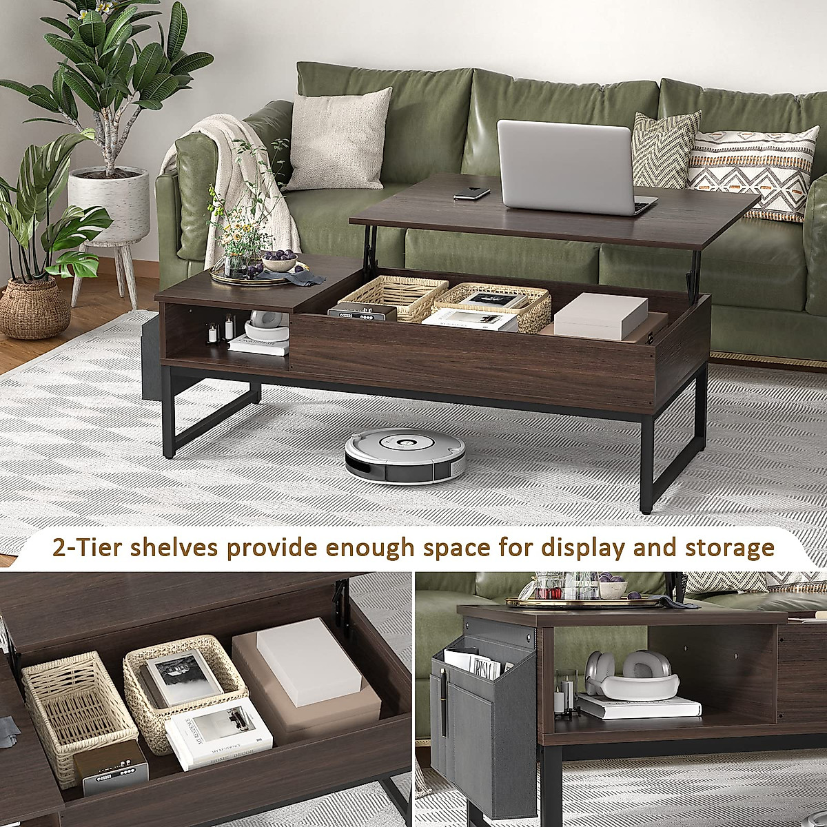 Aheaplus Lift Top Coffee Table with Storage, Wood Lifting Top Central Table Metal Frame, 43.3" Lift Tea Table with Side Pouch, Cocktail Table Modern Adjustable Table for Living Room, Espresso