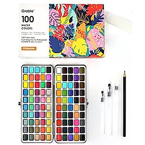 Grabie Watercolor Paint Set, Watercolor Paints, 100 Colors, Painting Set with Water Brush Pens and Drawing Pencil, Great for Kids and Adults, Art Supplies, Perfect Starter Kit for Watercolor Painting