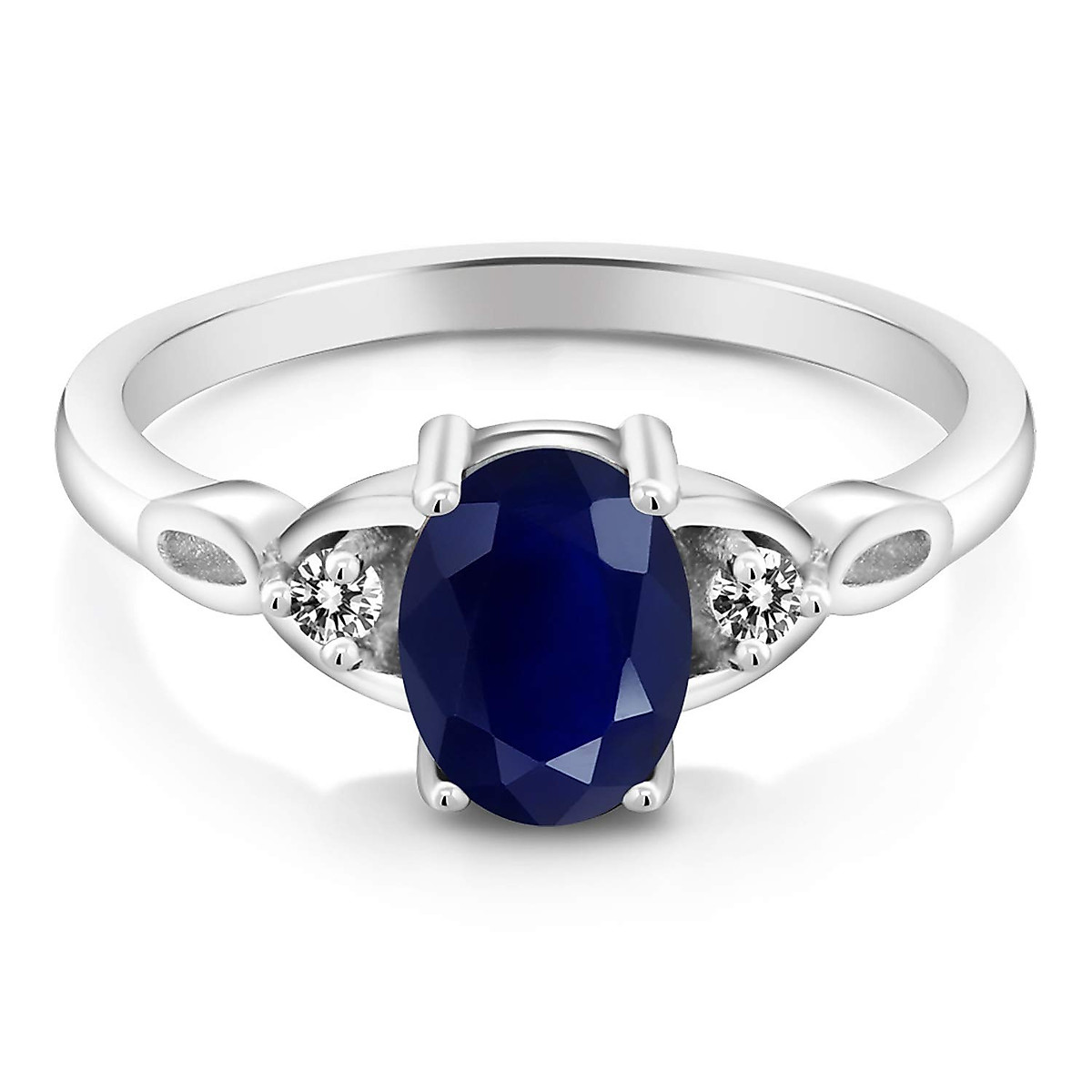 Gem Stone King 925 Sterling Silver Blue Sapphire and White Diamond Ring | 3-Stone Ring For Women | 1.87 Cttw | Gemstone September Birthstone | Oval 8X6MM | Available In Size 5, 6, 7, 8, 9