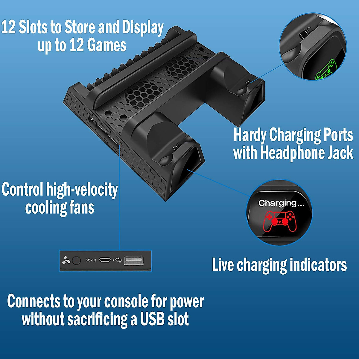 Deco Gear Vertical Dual Controller Charging Dock for PS4/ PS4 Slim/ PS4 Pro with 2 High Speed Cooling Fans and Slot for 12 Games