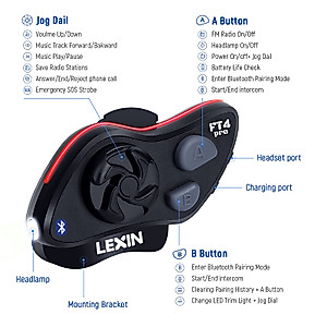 LEXIN 2pcs LX-FT4 Pro 4-Way Motorcycle Bluetooth Headset Featuring Integrated Headlamp with SoS Mode, Amazing Audio, Helmet Intercom Communication System with Type-C Quick Charge for Snowmobile/ATV