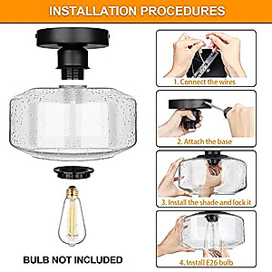 Industrial Semi-Flush Mount Ceiling Light, Seeded Glass Pendant Lamp Shade, Black Farmhouse Lighting for Hallway Porch Corridor Kitchen Bedroom, Modern Indoor Hanging Light Fixtures, Bulb Not Included