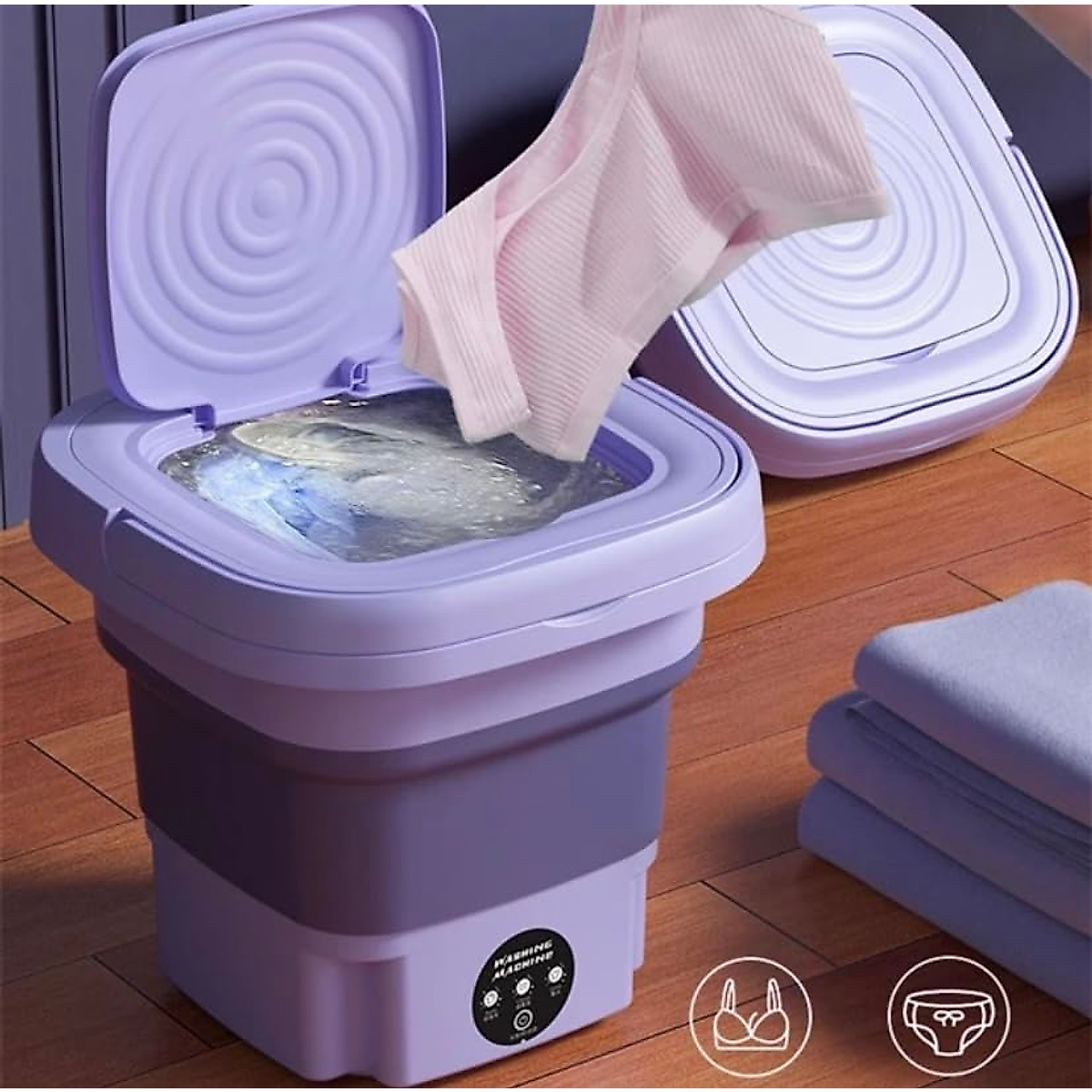 Mini Portable Folding Washing Machine For Clothes With Drain Basket for Travel (Purple)
