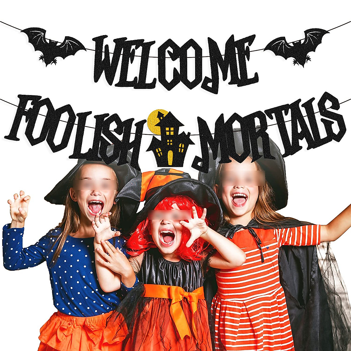 Welcome Foolish Mortals Banner for Halloween Bats Haunted House Ghost Horror Theme Happy Halloween Party Supplies Glitter Black Decorations