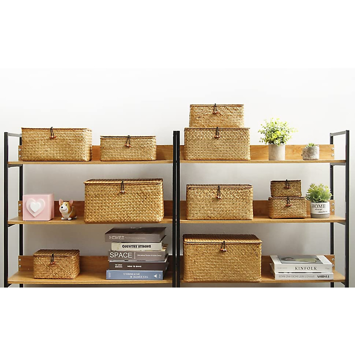 FEILANDUO 6 Pieces Wicker Basket with Lid Seagrass Woven Basket Box Home Shelf Storage Organize Boho Decor