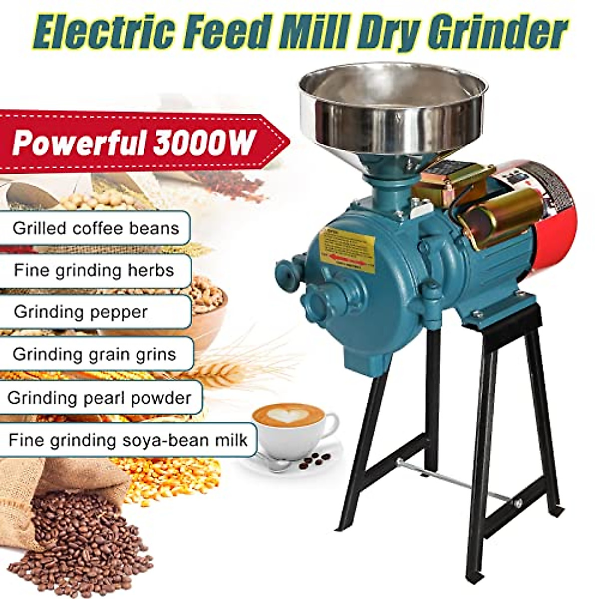Electric Grain Grinder Mill, 3000W 110V Corn Grinder Mill Electric, Dry Cereals Rice Coffee Wheat Corn Mills with Funnel, Grain grinder mill powder machine