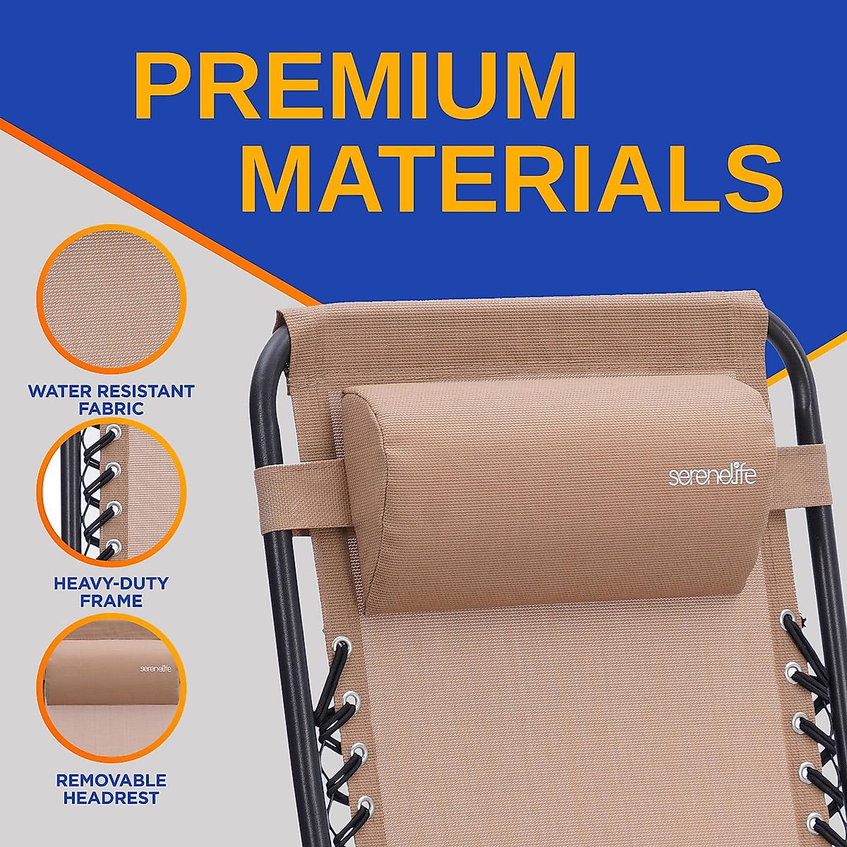 SereneLife Zero Gravity Chairs Set of 2 - Adjustable Steel Mesh Lawn Chairs - Outdoor Lounge Chairs with Detachable Cup Holder Tray - Foldable Outdoor Chair with Removable Pillows - Ivory