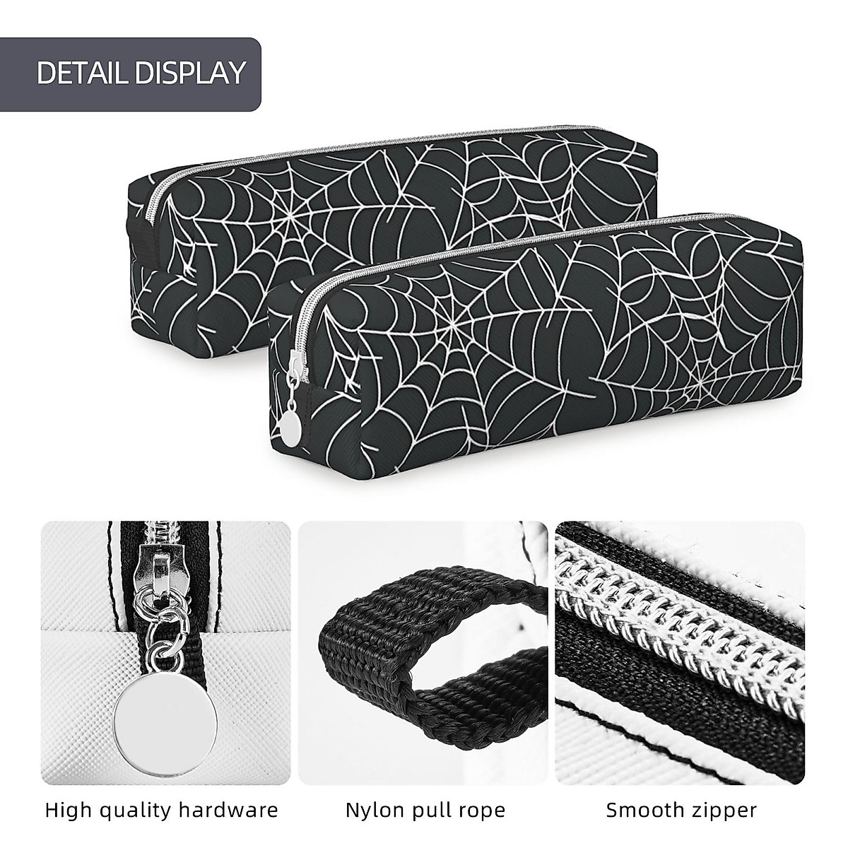 QLIEERE Halloween Spider Black And White Spiderweb Pencil Case Pouch Pen Holder Leather Pencil Bags Box Organizer Zipper Cosmetic Makeup Storage Bag