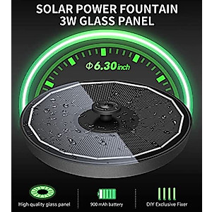 Solar Fountain, Bird Bath Fountains Solar Power Glass Panel with Battery Automatic Power Off After Leaving Water, 3W Solar Fountain Pump for Bird Bath with Color LED Light for Pond, Pool, Outdoor