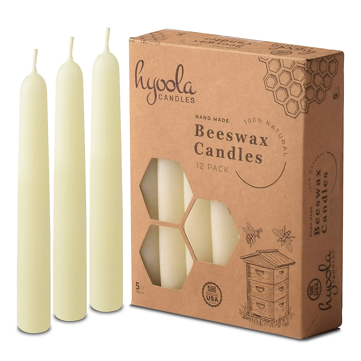 Hyoola 5" Beeswax Taper Candles 12 Pack - Handmade, All Natural, 100% Pure Unscented Bee Wax Candle - Tall, Decorative, White 5 Hour Burn Time