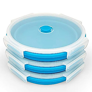 CARTINTS 1100ml Large Collapsible Food Storage Containers with Lids Silicone Food Container Collapsible Silicone Leftover Containers, Microwave Freezer Safe, For Camping Travel, 3Pack, Blue