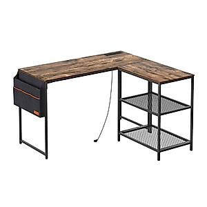 VECELO L Shaped Computer Desk 49 Inch Writing Study Corner Gaming Table with Storage Shelves and Side Bag, for Home Office Workstation