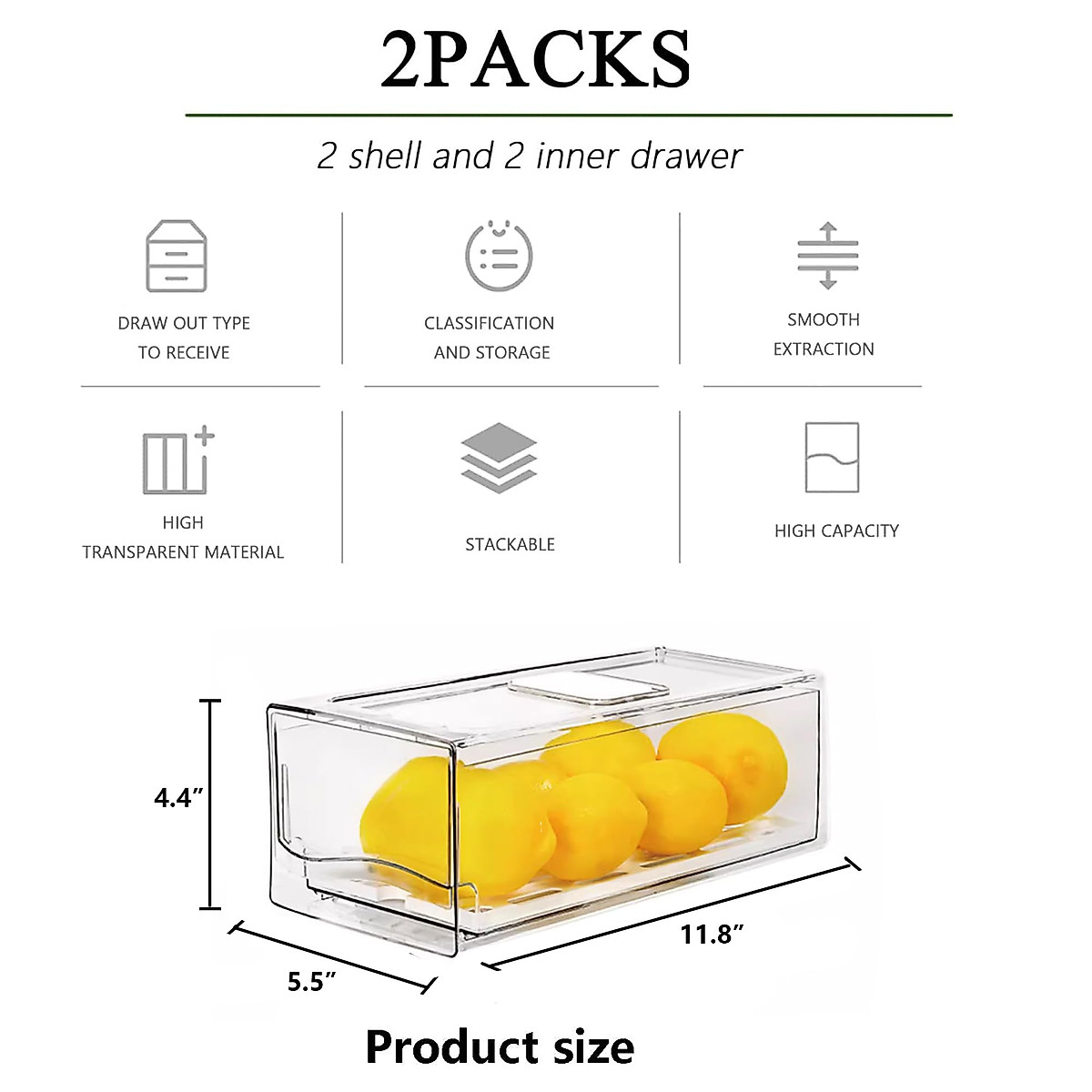bealy 2 pack Refrigerator Organizing Bins with Drain Board Stackable Refrigerator Organizer Bins, Reusable Food Storage Containers, Fridge Drawer Organizer,Kitchen,Produce,Fruit,Vegetable