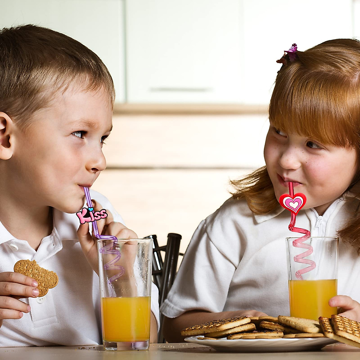 Valentines Day Party Favors Bulk 24 Drinking Straws + 30 Cards for Kids Valentine's Classroom Exchange Prizes Party Supplies with 2 PCS Cleaning Brushes