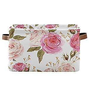 AGONA Spring Pink Rose Floral Flower Foldable Storage Bin Large Collapsible Fabric Storage Box Organizer Containers Baskets with Leather Handles for Shelves Home Bedroom Organizer Nursery Office 2 Pac