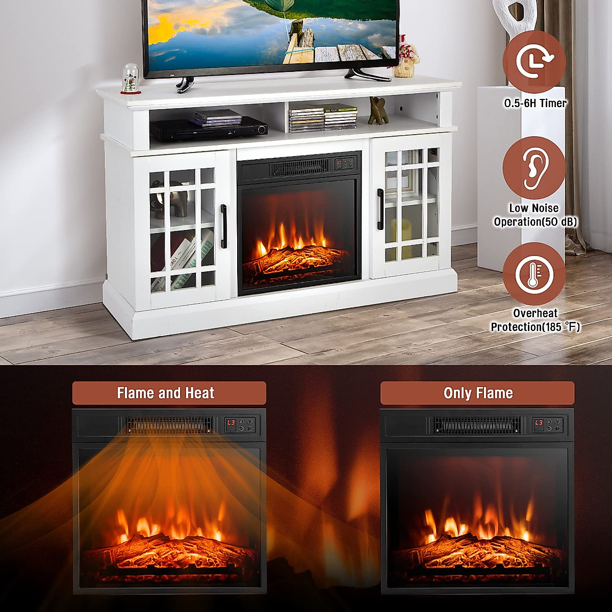 GOFLAME Fireplace TV Stand for TV up to 55 Inches, Freestanding Wood Entertainment Center with 18" Electric Fireplace, 48" TV Console Table with 2 Open Storage Compartments and 2-Door Cabinet, White