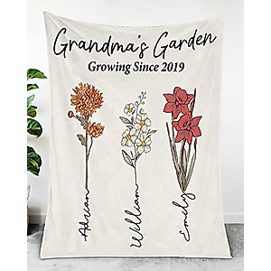 Love Signal Grandma's Garden Personalized Mom Blanket with Kids Names, Grandma Garden Blanket, Mothers Day Christmas Blanket Gifts, Custom Birth Month Flower Blanket for Nana Mimi Gigi