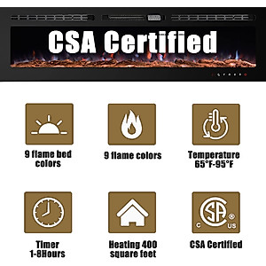 60 Inches Recessed Electric Fireplace Insert, 9 Levels Adjustable Flame Brightness Energy Saving Heating Electric Fireplace Heater W/ Touch Panel, Remote Control, Sleep Mode, 2 Heating Options, Black