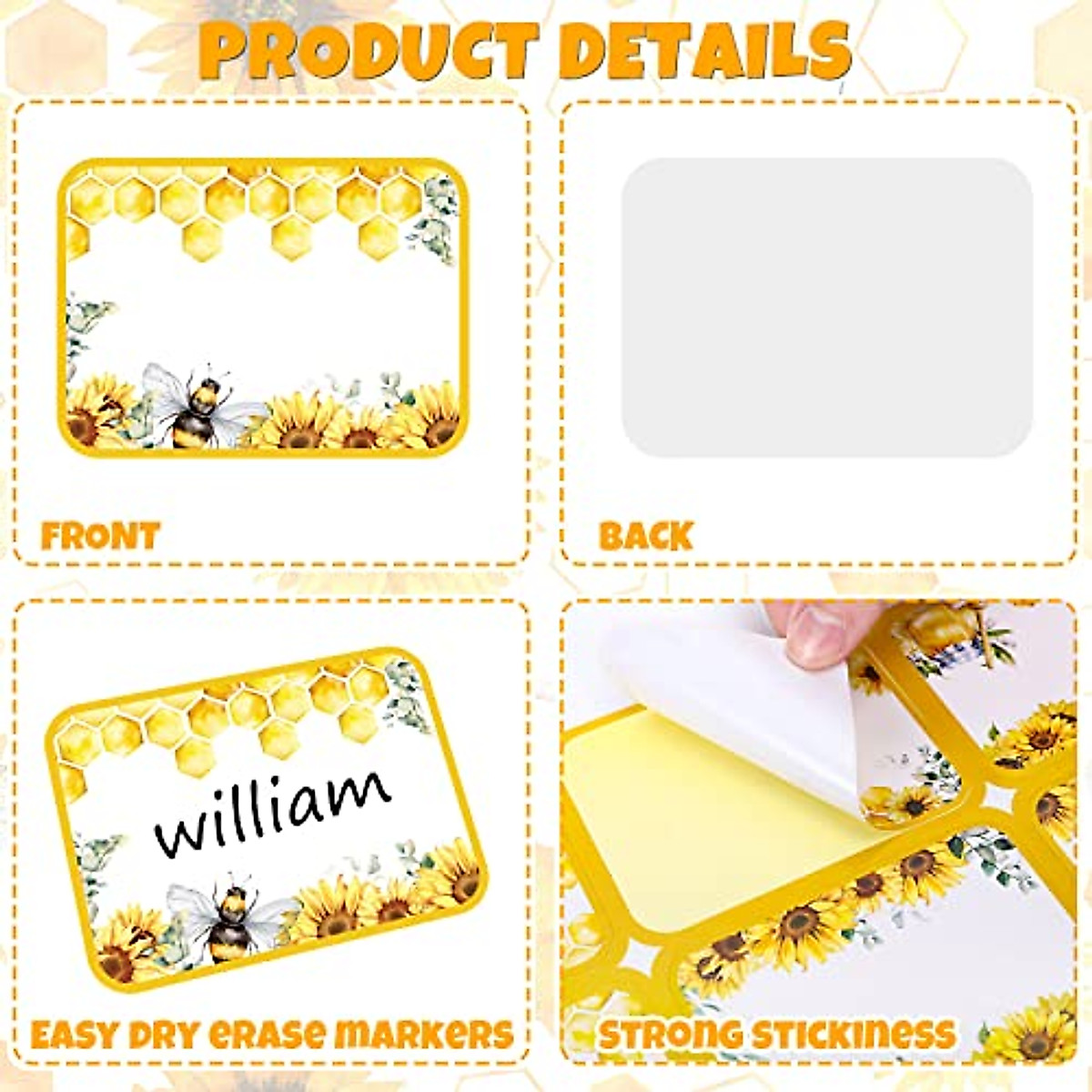 Whaline 180Pcs Sunflower Bee Name Tags for Back to School