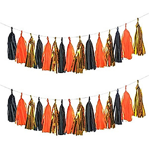 Autupy 30PCS Halloween Tassel Garland Banner Gold Black Orange Tassel Garland,Halloween Party Decor,Thanksgiving Mantel Decor,Tissue Paper Garland,Party Bunting(DIY)