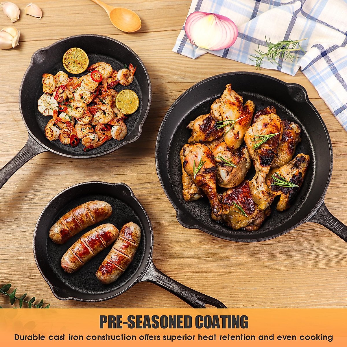 CherHome Cast Iron Skillets 3 Piece，Pre-Seasoned Cast Iron Frying Pan，Cast Iron Fry Pan Skillet Set Includes 6.5in，8in，10in Pans，Ideal for Use on any Type of Cooktop，Oven Safe