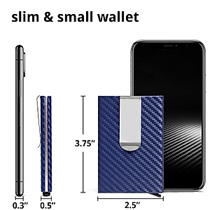 SLUKULU Slim Wallet for Men with Money Clip and Credit Card Holder, RFID Blocking Carbon Fiber Wallet,Minimalist Pop-Up Metal Front Pocket Wallet.(Blue)